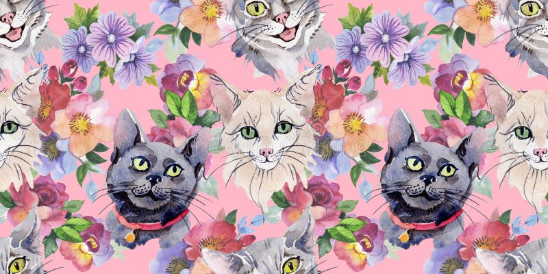 Cat Wild Animal Pattern in a Watercolor Style. Stock Illustration ...