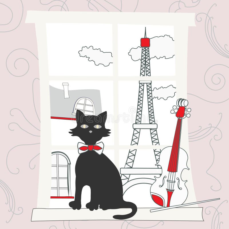 Cat on the window in Paris stock vector. Illustration of happy - 82697892