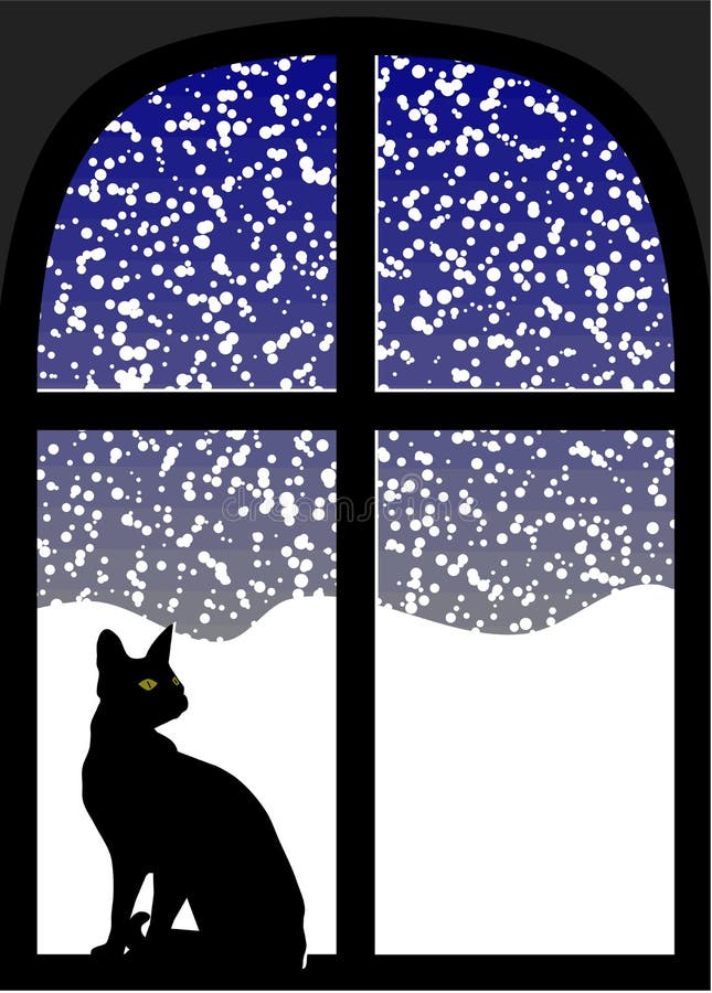 Cat in Window at Snowy Night Stock Vector - Illustration of animal ...