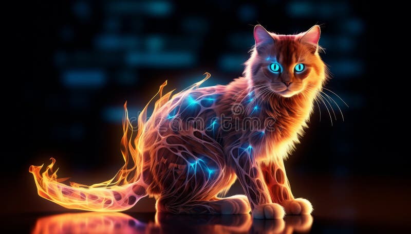 Cat with Wing and Neon Light Generative a Stock Illustration ...
