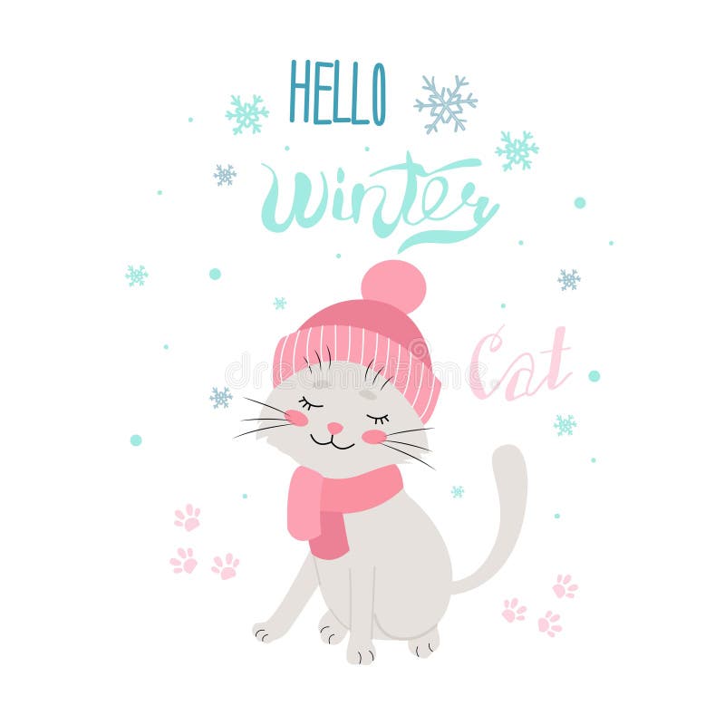 Cat in Winter Hat, Hello Winter, Vector Illustration. Isolated Stock ...