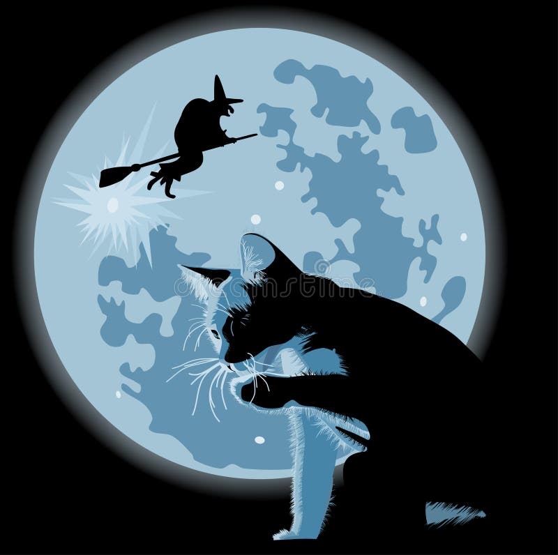 Cat and Witch Against Full Moon Stock Vector - Illustration of lonesome ...