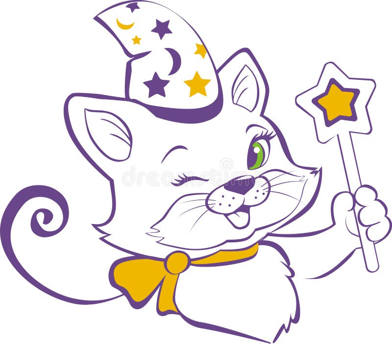 The Cat is a Wizard in a Cap with a Magic Wand in His Paw Stock Vector ...