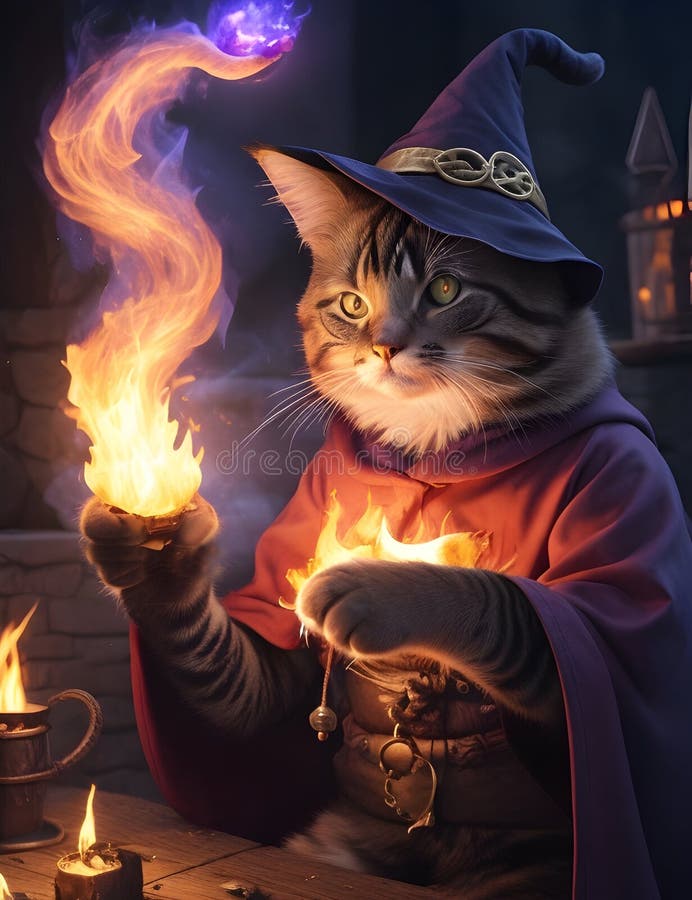 Cat Wizard Cast a Fire Spell in Midnight Stock Illustration ...