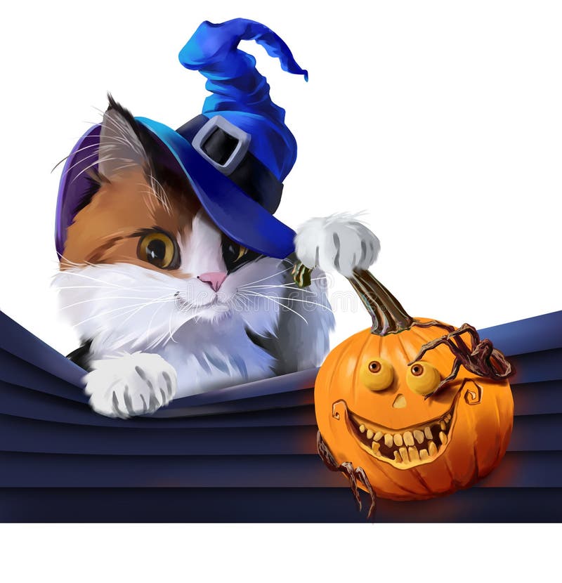 Cat in Wizard Hat and Halloween Pumpkin Stock Illustration ...
