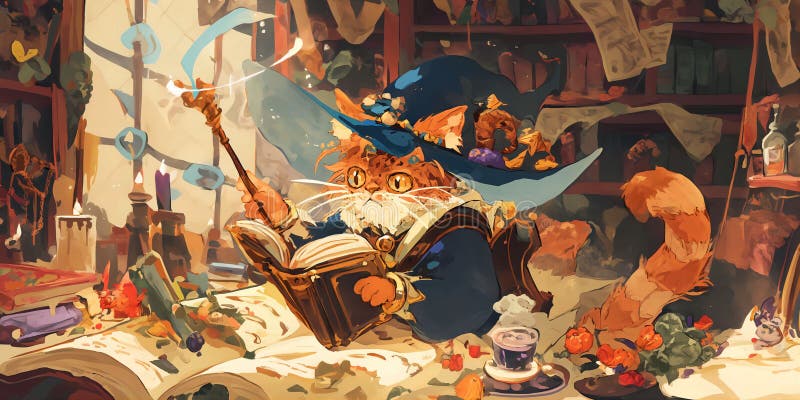 Cat Wizard in a Magical Study Stock Illustration - Illustration of ...