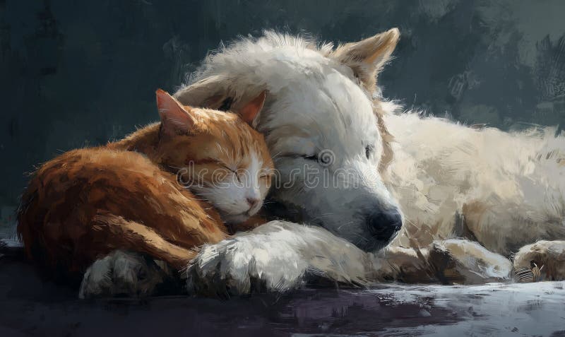 Cat and Wolf Napping Together Stock Illustration - Illustration of ...