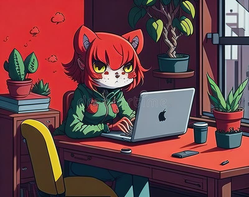 Cat working with computer stock illustration. Illustration of home ...