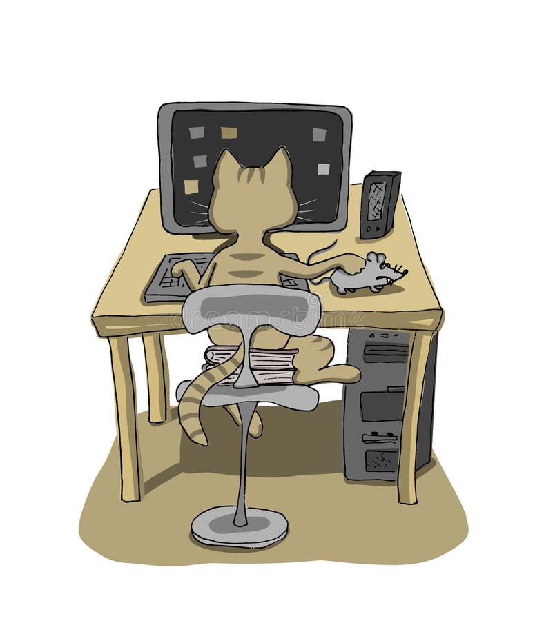 Cat Working at the Computer and Mouse. Cartoon Vector Illustration ...