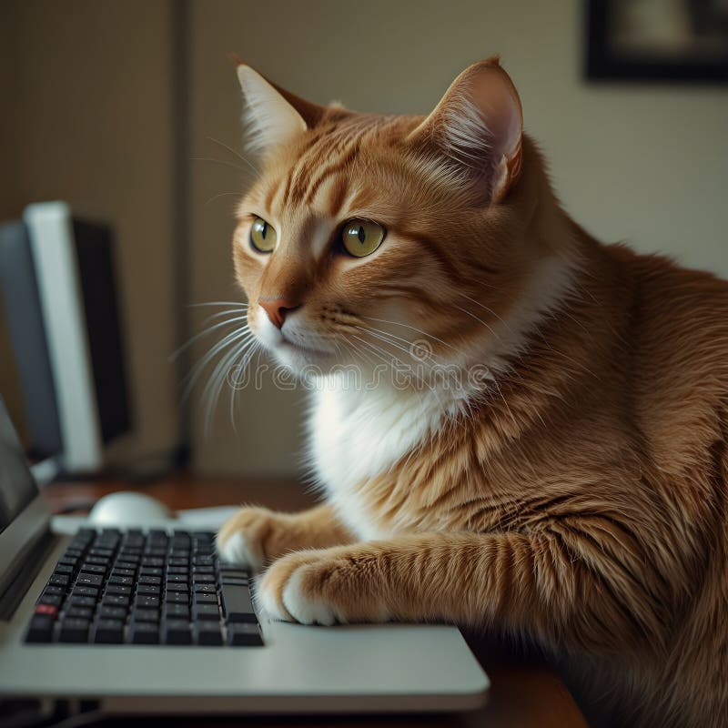 Cat working on computer stock illustration. Illustration of computer ...