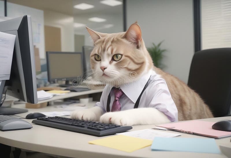 Cat is Working at the Office Stock Illustration - Illustration of ...