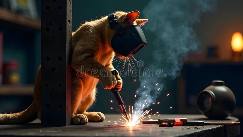Cat in a Workshop Using a Welding Mask while Creating Sparks during a ...