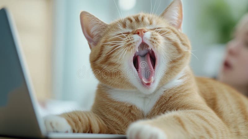 A Cat Yawning while Laying on a Laptop Computer, AI Stock Photo - Image ...