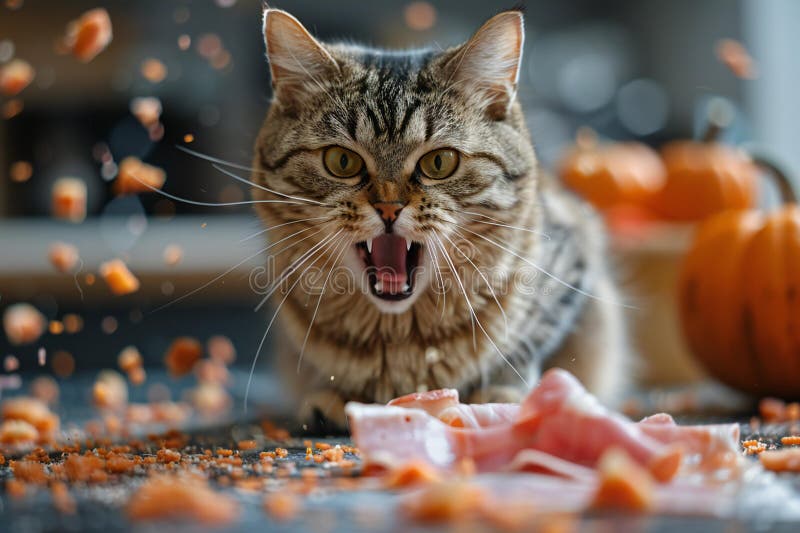A Cat is Yelling while Eating Some Ham, High Quality, High Resolution ...