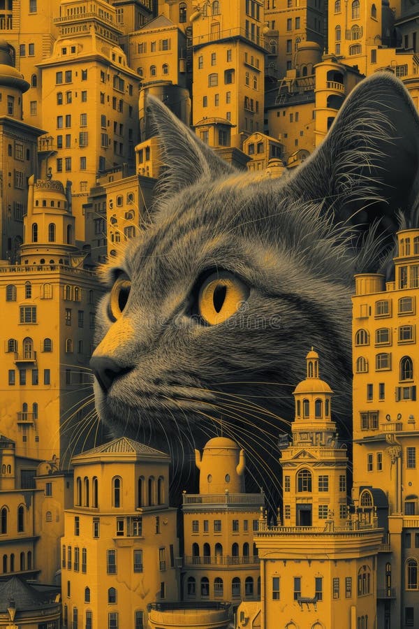 A Cat with Yellow Eyes in a Cityscape of Buildings, AI Stock Image ...