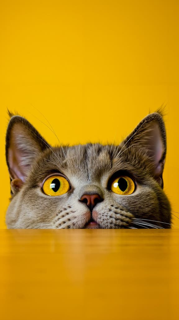 A Cat with Yellow Eyes Peeking Over a Table Stock Photo - Image of ...