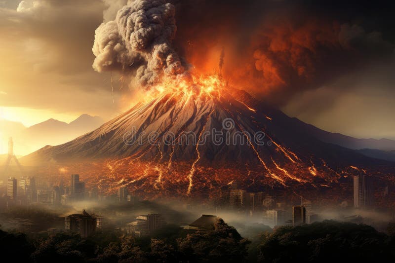 Cataclysmic Volcanic Eruption Over Cityscape Stock Photo - Image of ...