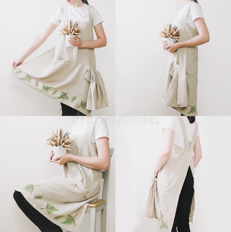 Catalog of Kitchen Linen Apron on a Female Model, Front View Three ...