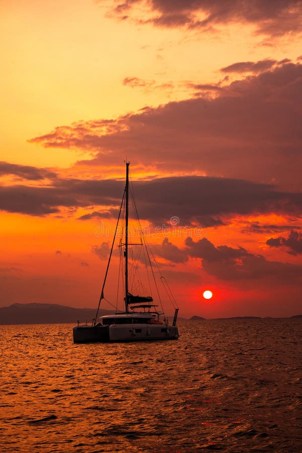 Catamaran Sailing in the Sunset in Greek Island in Summer Time Editorial Stock Image - Image of ...