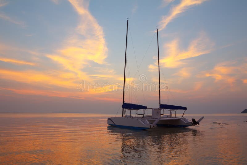 Catamaran at Sea Near Tropical Beach Stock Image - Image of catamaran ...