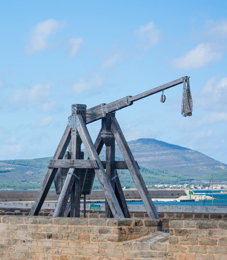 Antique Catapult in Alghero Seafront at Sunset in Black and White ...