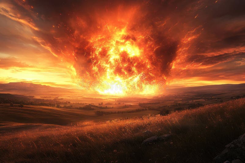 Catastrophic Explosion in Dramatic Sunset Sky Over Rolling Landscape ...