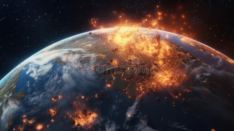 A Catastrophic Explosion on Earth Seen from Space. Fire Engulf Stock ...