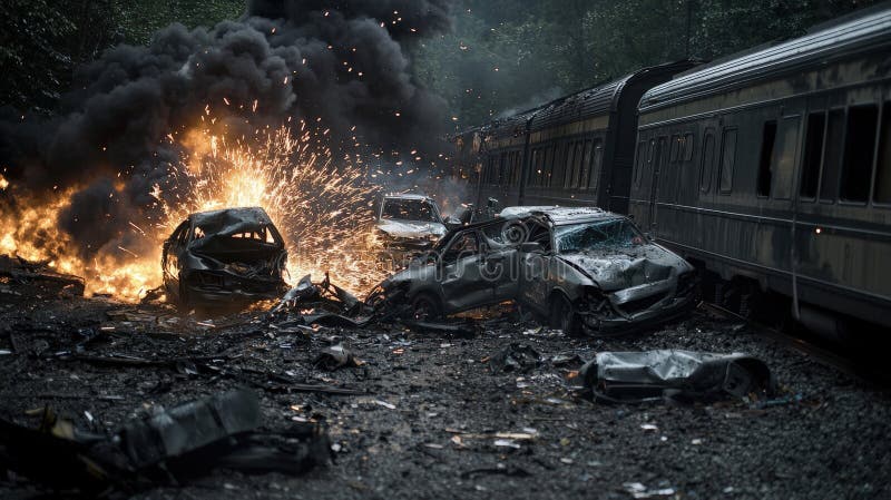 Catastrophic Train Explosion Abandoned Track Disaster Scene Forest ...