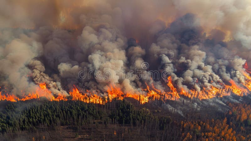 Catastrophic Wildfire Engulfing Forest with Billowing Smoke and Flames ...