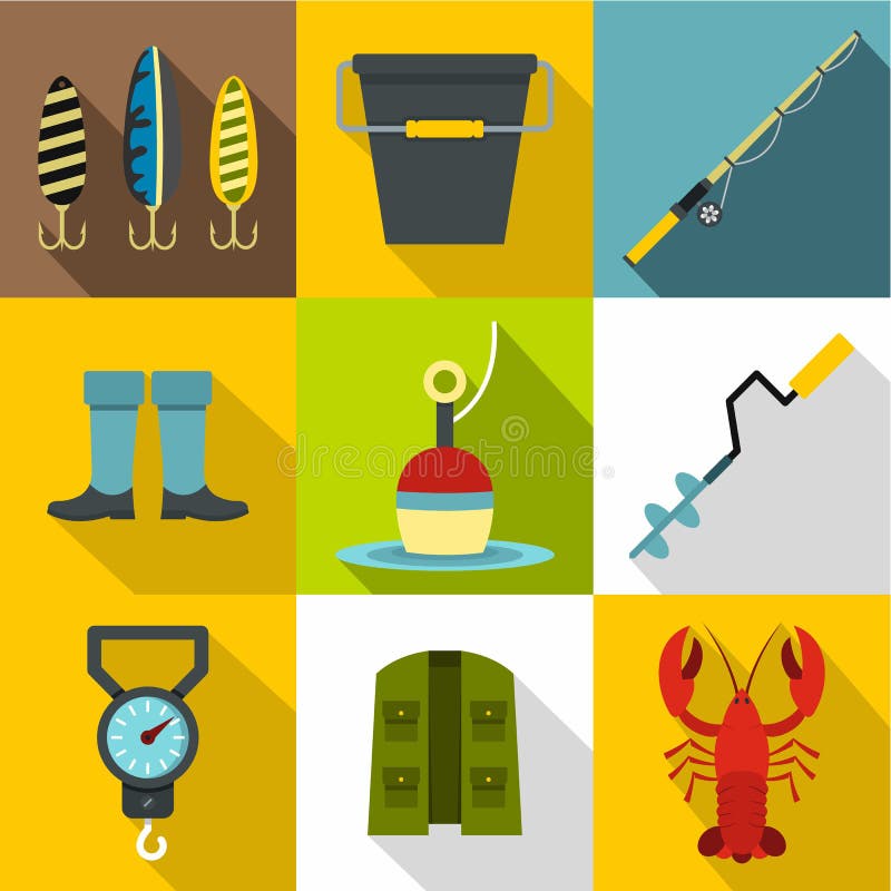 Catch Fish Icons Set, Flat Style Stock Vector - Illustration of handle ...
