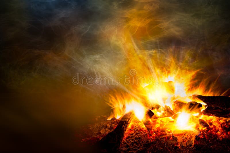 Big Bonfire with Smoke. Flames of a Campfire in the Night Stock Image ...