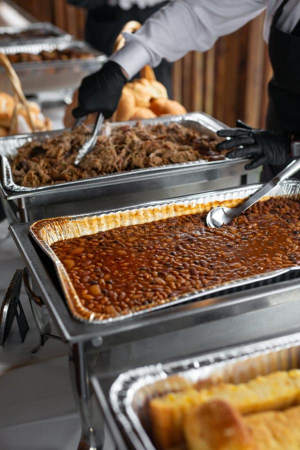 Catered Barbecue Dinner Buffet with Baked Beans and Brisket Stock Image ...