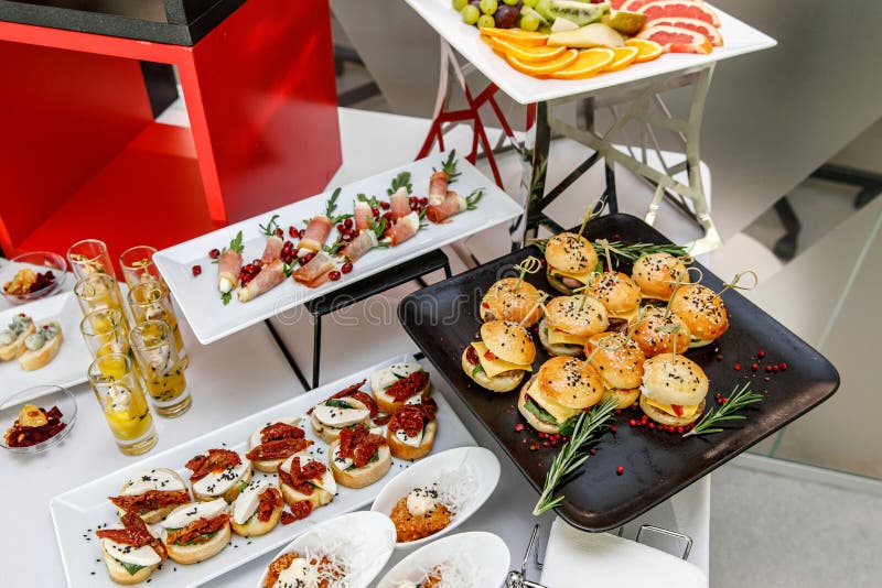 Catering Banquet Table with Different Food Snacks and Appetizers Stock ...