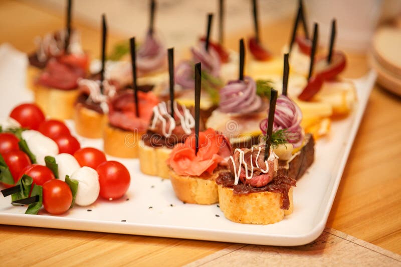 Catering Banquet Table with Different Food Snacks Stock Photo - Image ...
