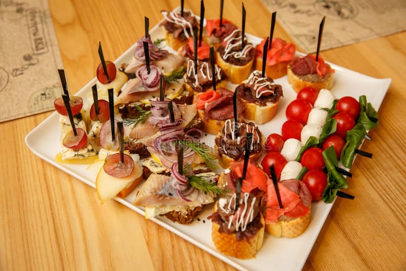 Catering Banquet Table with Different Food Snacks Stock Photo - Image ...