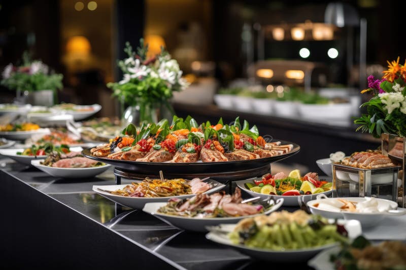 Catering Buffet Food on a Long Table in a Hotel Restaurant Stock ...