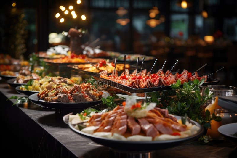 Catering Buffet Food on a Long Table in a Hotel Restaurant Stock ...