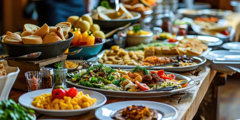 Catering Buffet Food on a Long Table in a Hotel Restaurant Stock ...