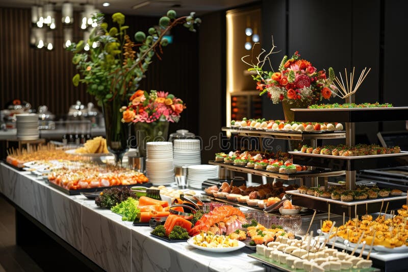 Catering Buffet Food on a Long Table in a Hotel Restaurant Stock ...