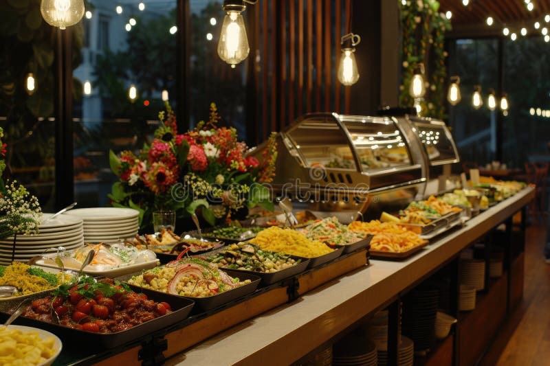 Catering Buffet Food on a Long Table in a Hotel Restaurant Stock ...