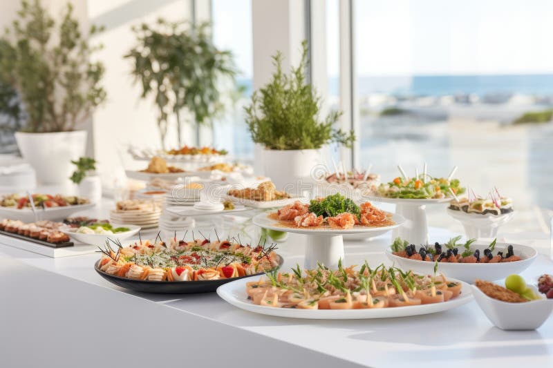 Catering Buffet Meal on a White Long Table in a Modern Restaurant by ...