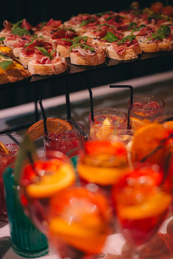 Catering Buffet Table with Snacks and Appetizers. Set of Canapes with ...