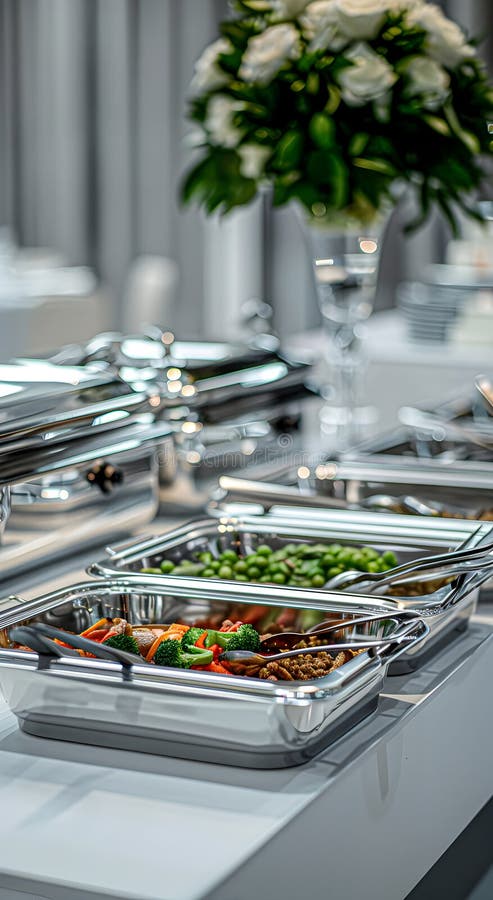 Catering Equipment Trays Setup before Event. Equipment Setup for Buffet ...
