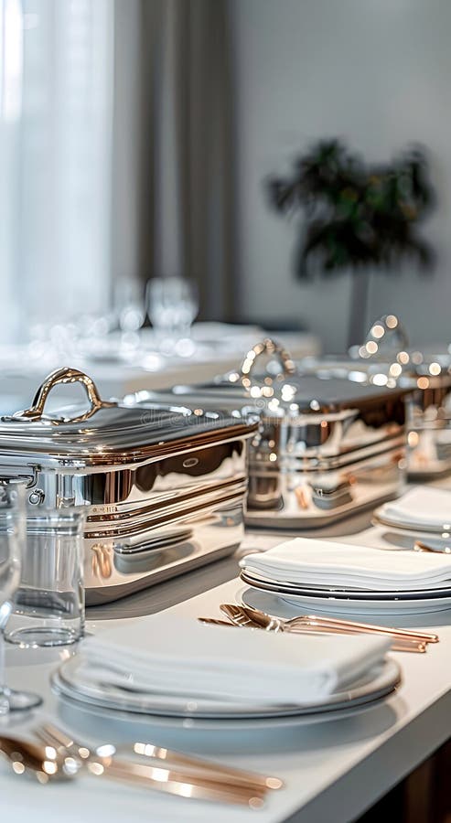 Catering Equipment Trays Setup before Event. Equipment Setup for Buffet ...