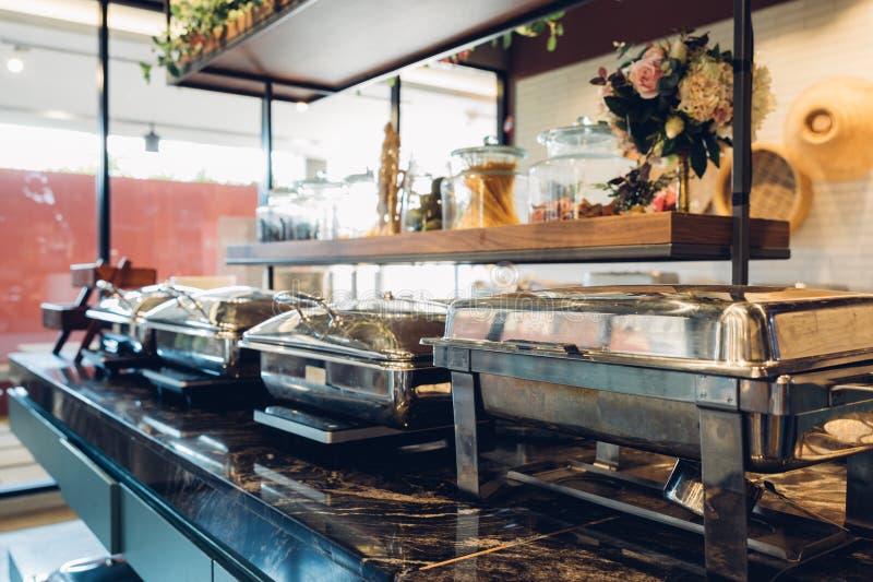 Catering Equipment Trays Setup before Event. Equipment Setup for Buffet ...
