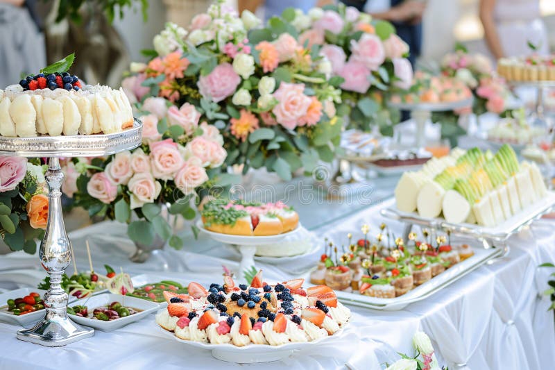 Catering Food on Table on Wedding Day with Flowers Stock Illustration ...