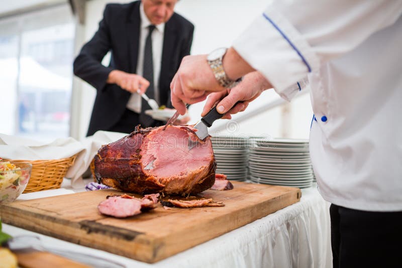 Catering Service Employee Cutting Ham Stock Image - Image of appetizer ...