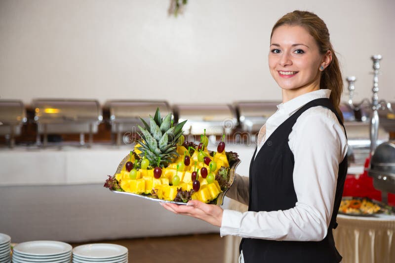 Catering Service Employee Posing with Tray for Buffett Stock Photo ...