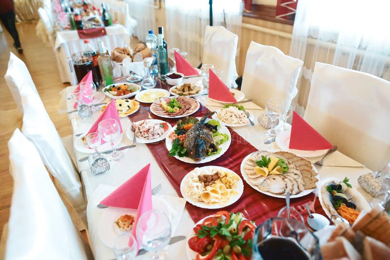 Catering Service. Restaurant Table with Food on the Table. Plates of ...
