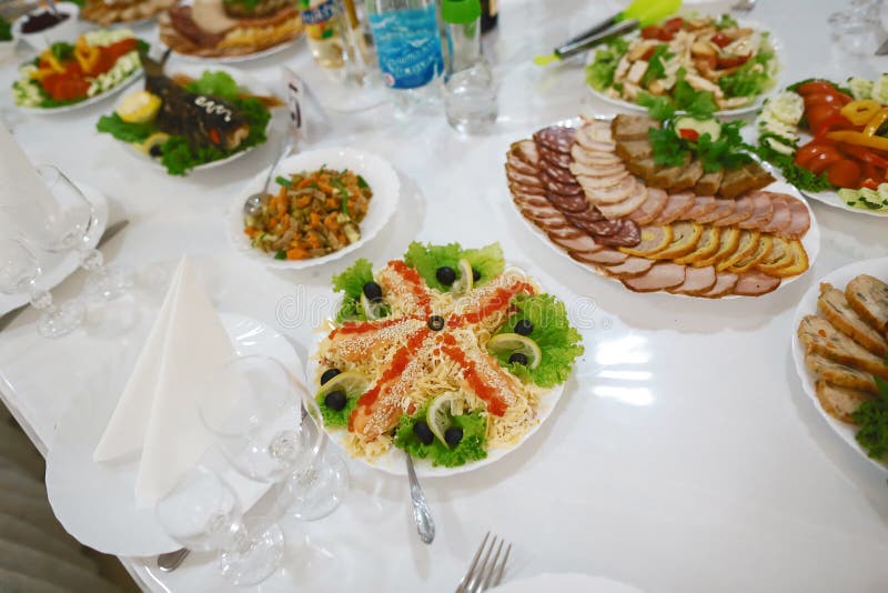 Catering Service. Restaurant Table with Food on the Table. Plates of ...